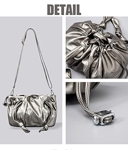Soft Leather Tote Shoulder Bag For Women,Metal Gray Drawstring Tote Bag,Casual Simple Messenger Bag