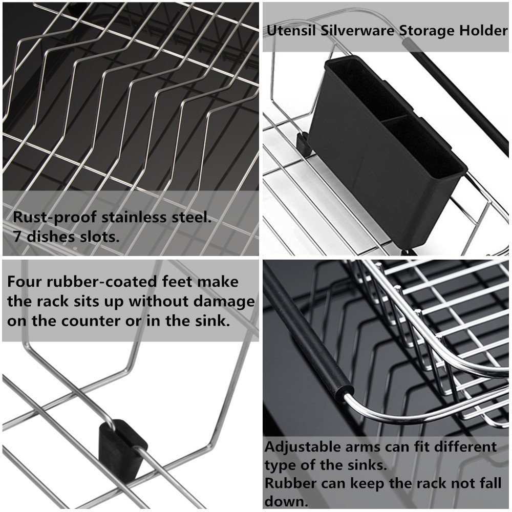 SANNO Expandable Dish Drying Rack Over The Sink Dish Drainer Dish Rack in Sink or On Counter with Utensil Silverware Storage Holder, Rustproof Stainless Steel