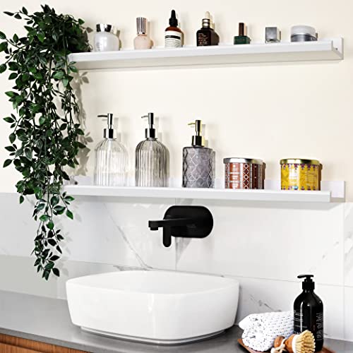 Annecy Floating Shelves Wall Mounted Set of 3, 36 Inch White Rustic Wood Shelves for Wall, Wall Storage Shelves with Guardrail Design for Bedroom, Bathroom, Kitchen, Office, 3 Different Sizes