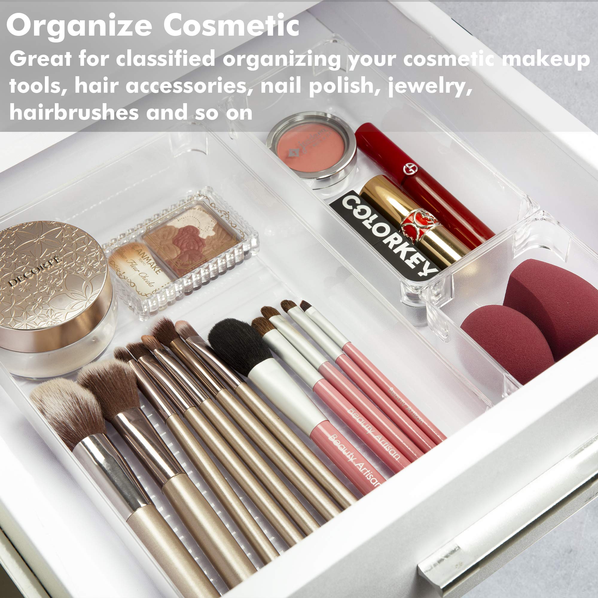 CHEFSTORY 23 PCS Clear Drawer Organizers Set, 4 Sizes Plastic Vanity Drawer Organizers and Storage Bins, Desk Drawer Organizer Trays with Non-slip Silicone Pads for Makeup,Bathroom and Kitchen