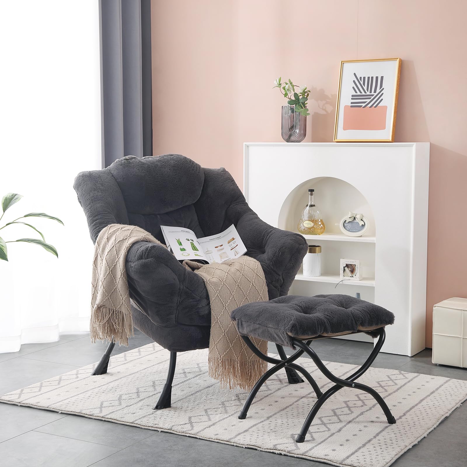 SESHINELL Lazy Chair with Ottoman, Modern Accent Chair Lounge Leisure Sofa Chair with Armrests, Reading Chair and Folding Footstool for Living Room, Bedroom, Office, Plush Navy