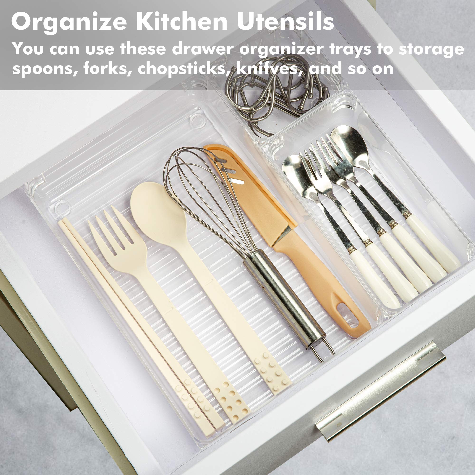 CHEFSTORY 23 PCS Clear Drawer Organizers Set, 4 Sizes Plastic Vanity Drawer Organizers and Storage Bins, Desk Drawer Organizer Trays with Non-slip Silicone Pads for Makeup,Bathroom and Kitchen