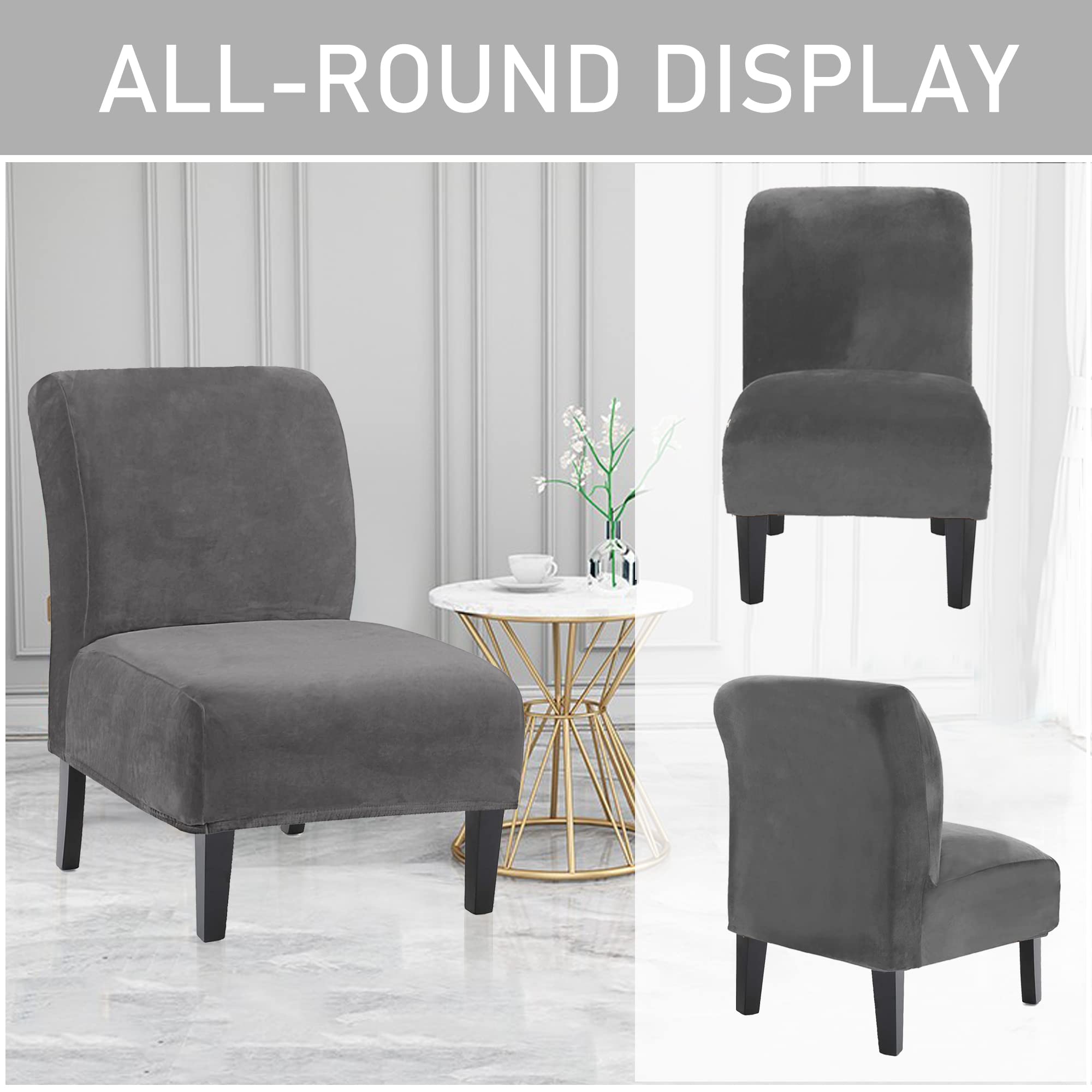 UCCONO Armless Accent Chair Slipcovers, Thick Velvet Slipper Accent Chair Covers Hotel Oversized Big Chairs, Removable Furniture Protector with Elastic Bottom, Machine Washable (Grey)