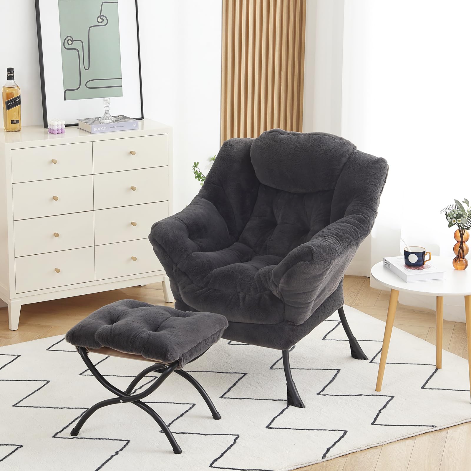 SESHINELL Lazy Chair with Ottoman, Modern Accent Chair Lounge Leisure Sofa Chair with Armrests, Reading Chair and Folding Footstool for Living Room, Bedroom, Office, Plush Navy