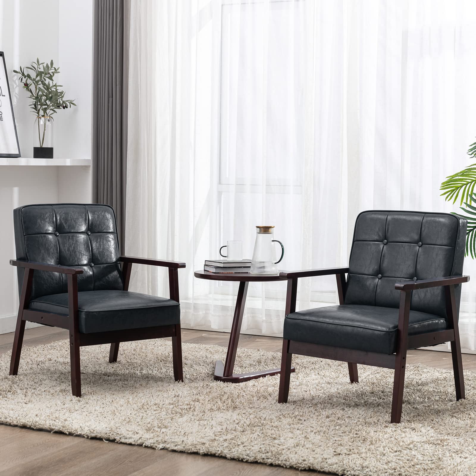 Okeysen Accent Chairs Set of 2, Mid Century Modern Accent Chair, Retro Wood and Leather Armchairs Side Chair, Lounge Reading Comfy Arm Chair for Living Room, Bedroom, Office