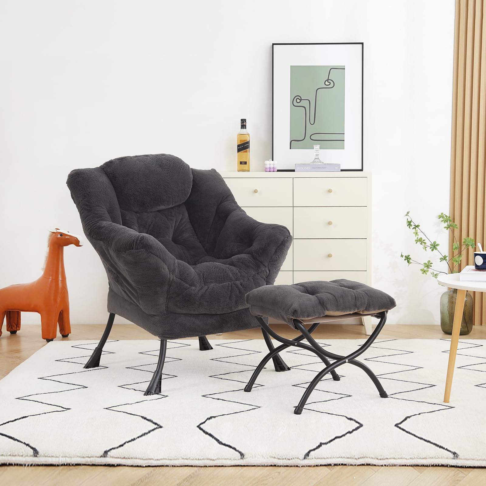 SESHINELL Lazy Chair with Ottoman, Modern Accent Chair Lounge Leisure Sofa Chair with Armrests, Reading Chair and Folding Footstool for Living Room, Bedroom, Office, Plush Navy