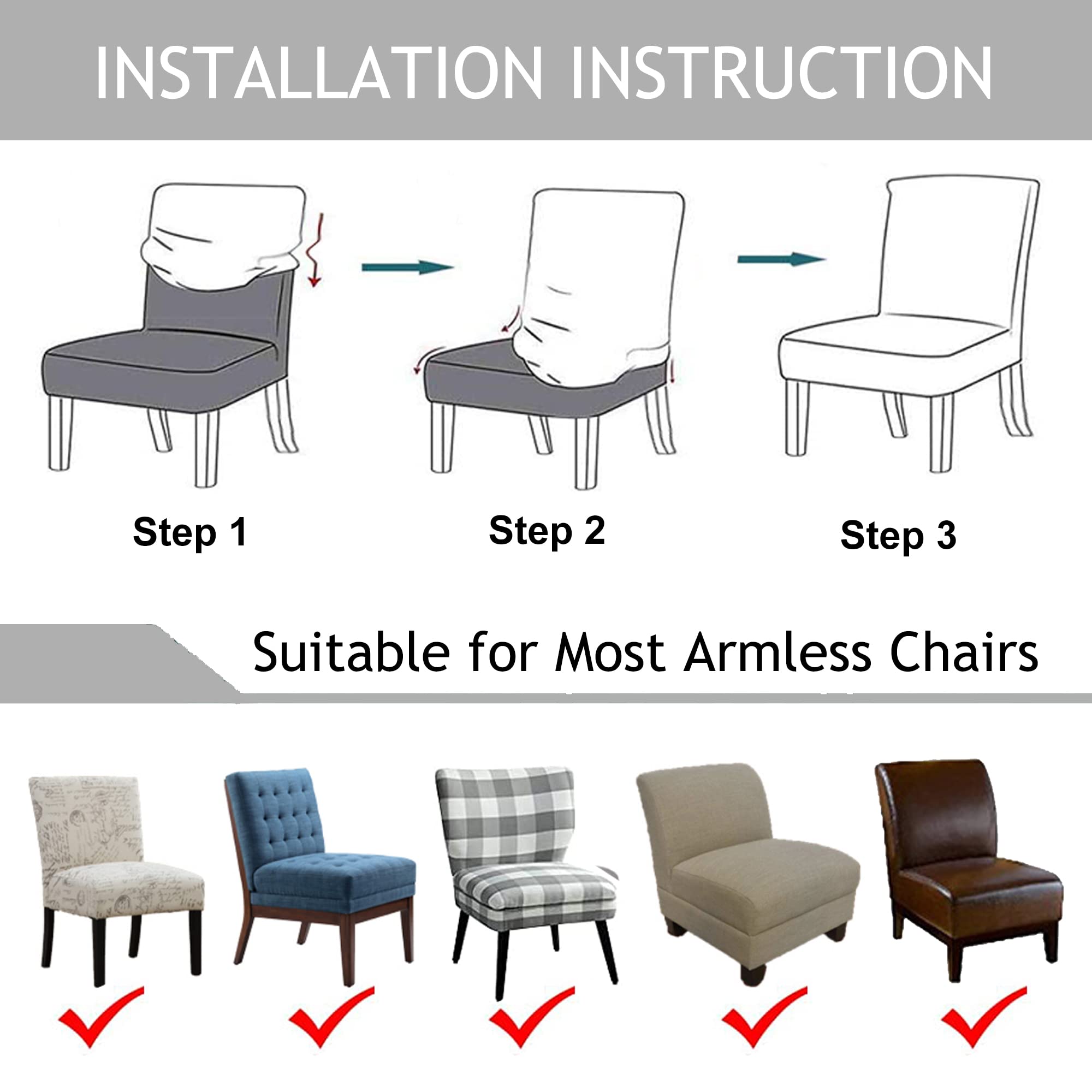 UCCONO Armless Accent Chair Slipcovers, Thick Velvet Slipper Accent Chair Covers Hotel Oversized Big Chairs, Removable Furniture Protector with Elastic Bottom, Machine Washable (Grey)