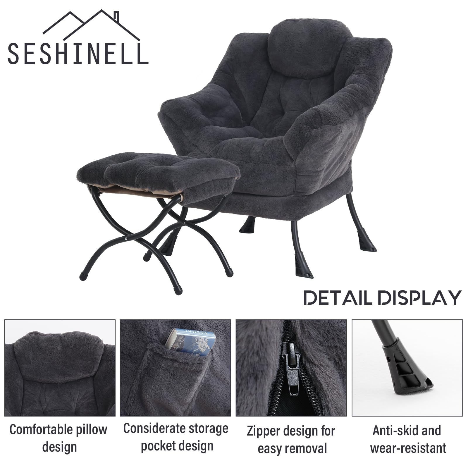 SESHINELL Lazy Chair with Ottoman, Modern Accent Chair Lounge Leisure Sofa Chair with Armrests, Reading Chair and Folding Footstool for Living Room, Bedroom, Office, Plush Navy