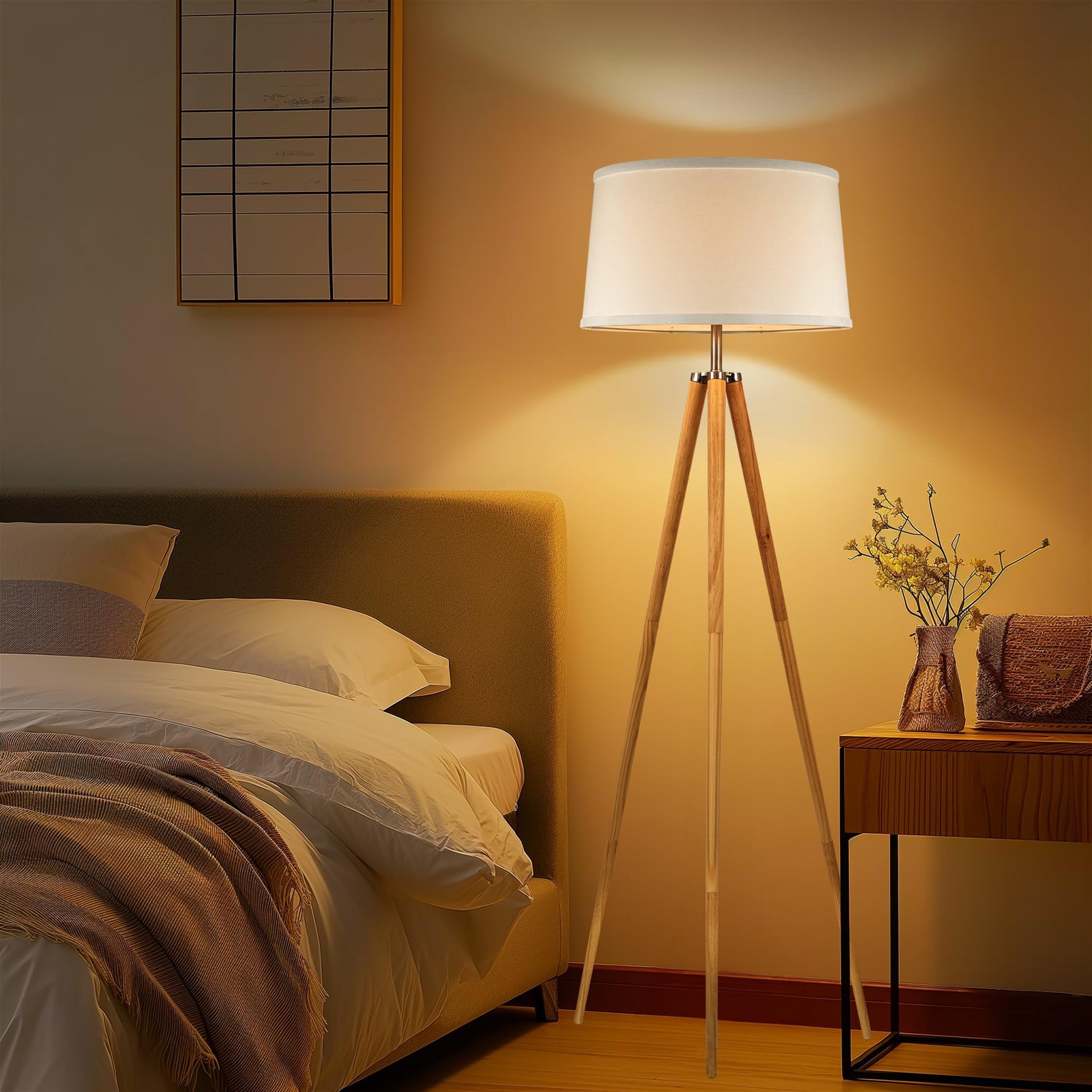 Kira Home Grace 60.5" Mid Century Modern Tripod LED Floor Lamp + Energy Efficient 9W Bulb, Wooden Tripod Legs + White Shade