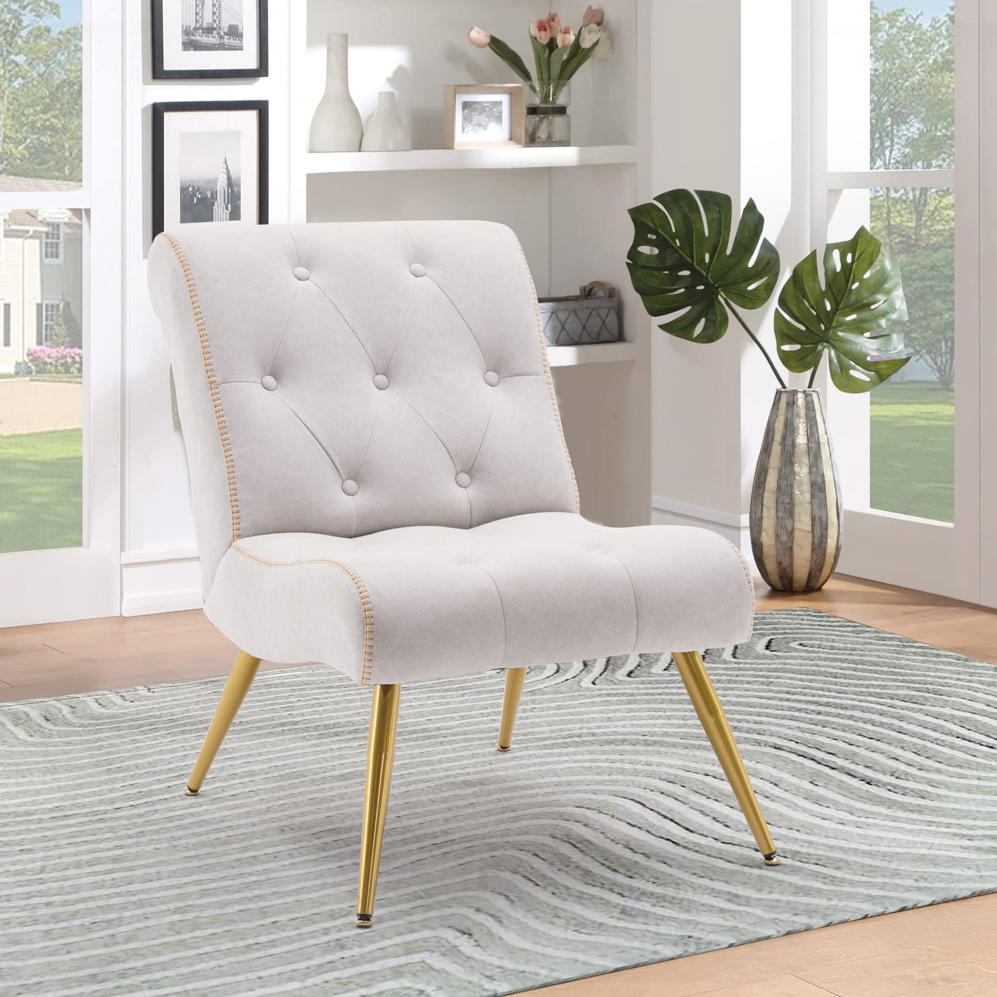 ALISH Modern Accent Chairs, Upholstered Living Room Chairs Armless Accent Chairs Lounge Chairs for Living Room Bedroom with Metal Legs Beige