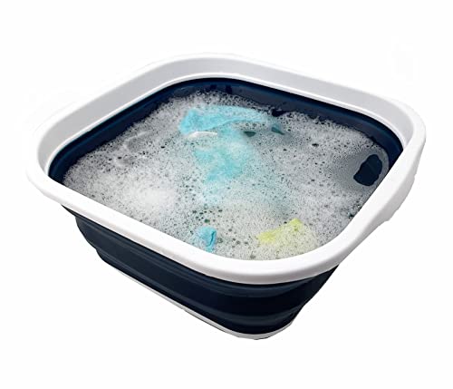 SAMMART 5.5L (1.4 Gallons) Set of 2 Collapsible Tub - Foldable Dish Tub - Portable Washing Basin - Space Saving Plastic Washtub (White/Indigo)
