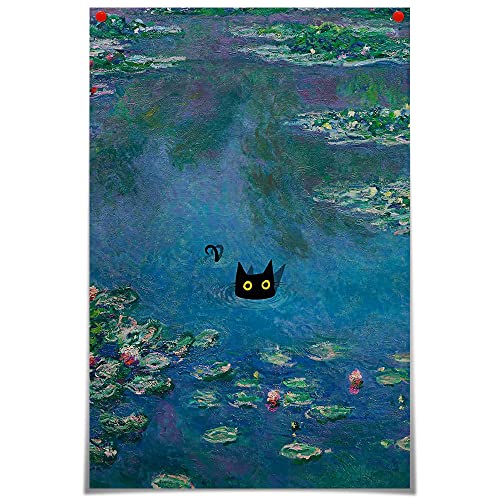 Vintage Monet Canvas Wall Art Famous Oil Paintings Monets Water Lillies Black Cat Poster Funny Cat Floral Print Abstract Farmhouse Gallery Aesthetic Room Decor for Bedroom Bathroom 12x16in Unframed