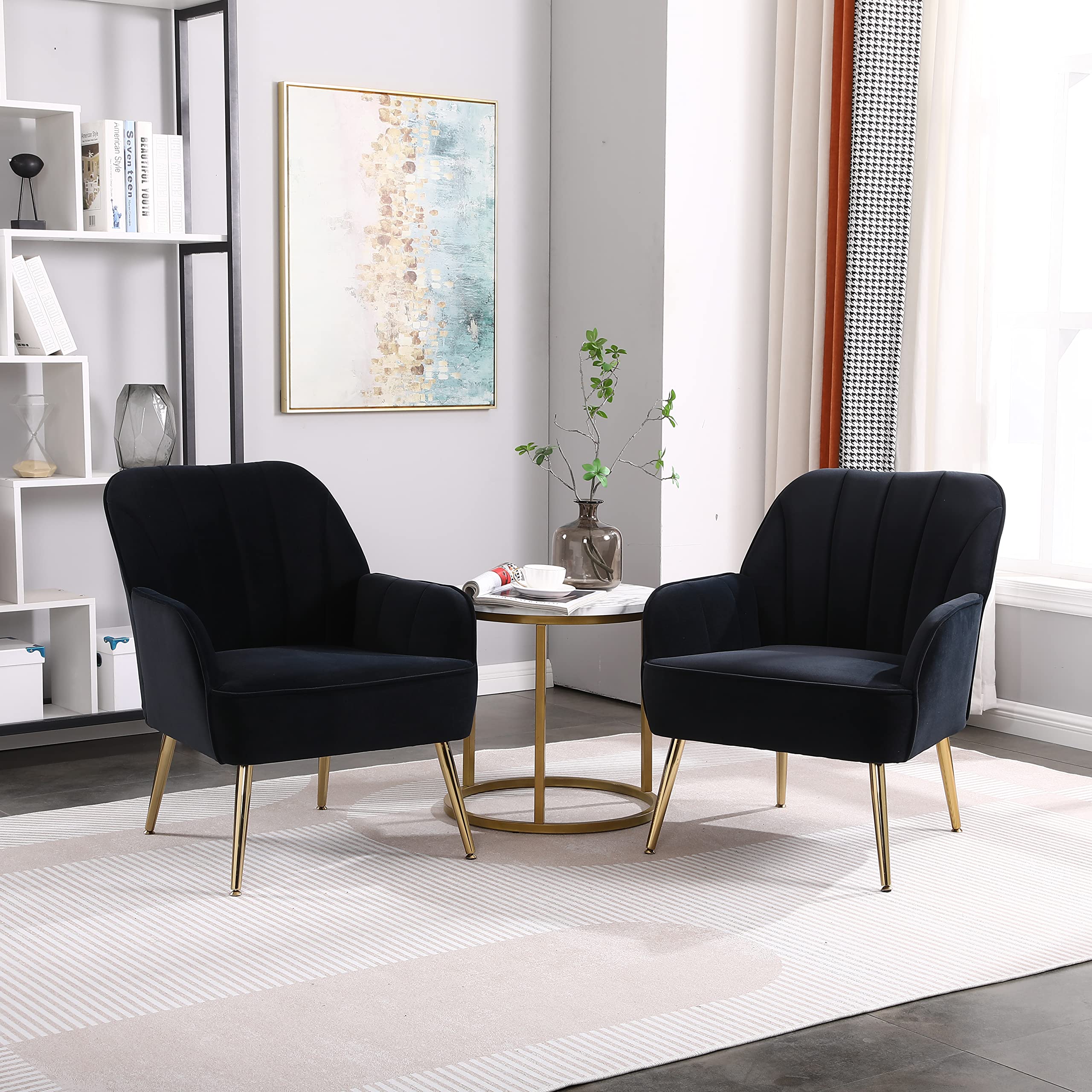 HANLIVES Accent Chair Set of 2,Modern Mid Century Velvet Sherpa Armchair,Comfy Arm Chair for Living Room Bedroom Office Waiting Room,Barrel Chairs(Black*2)