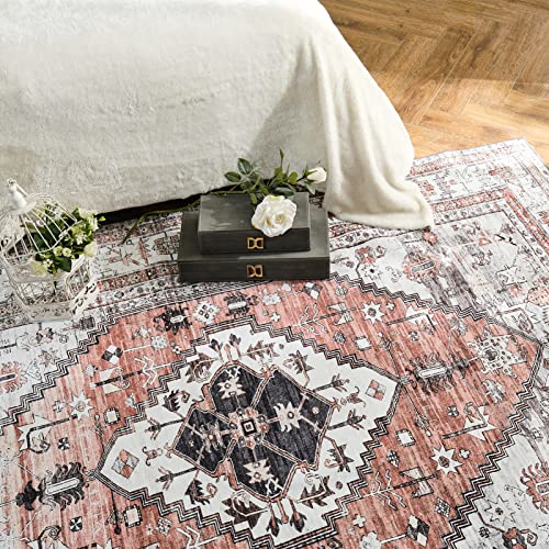 OIGAE Machine Washable Rug 5' x 7', Ultra-Thin Vintage Bohemian Medallion Area Rug, Stain Resistant Non-Slip Backing Rugs for Living Room Bedroom, Red