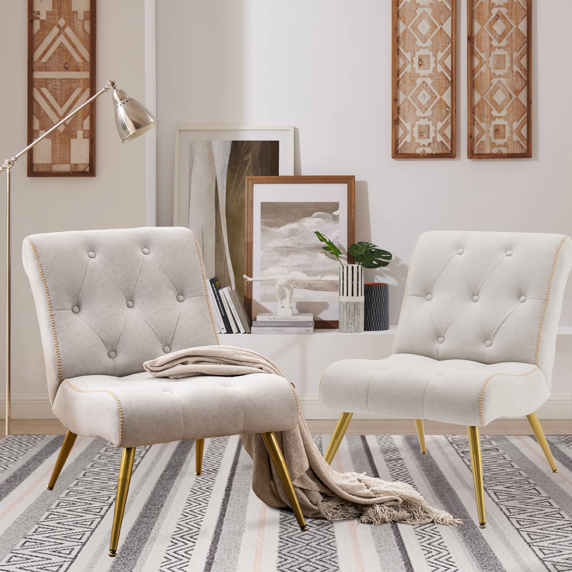 ALISH Modern Accent Chairs, Upholstered Living Room Chairs Armless Accent Chairs Lounge Chairs for Living Room Bedroom with Metal Legs Beige