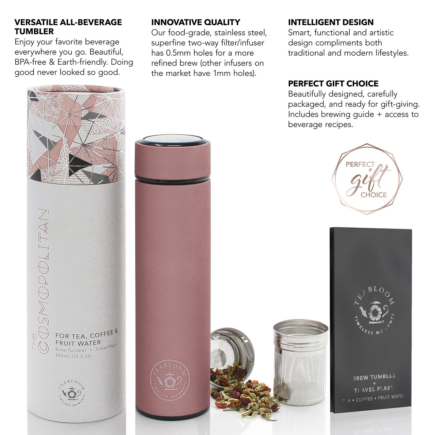Teabloom - The ORIGINAL All-Brew Travel Tumbler & Thermos | OPRAH’s Favorite | 16oz/480ml Insulated Water Bottle/Tea Flask/Cold Brew Coffee Mug
