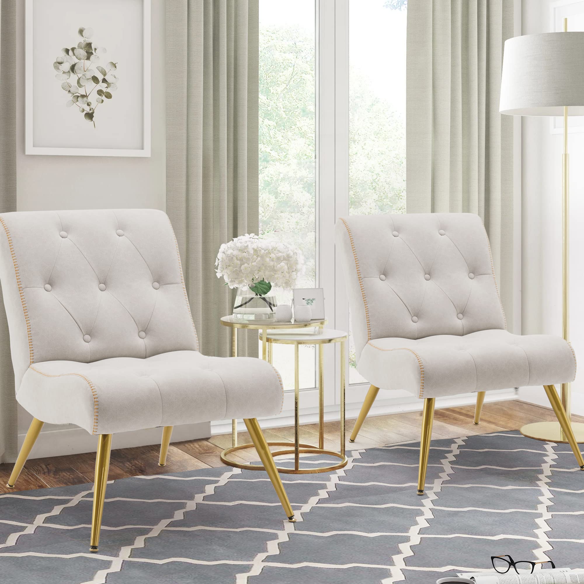ALISH Modern Accent Chairs, Upholstered Living Room Chairs Armless Accent Chairs Lounge Chairs for Living Room Bedroom with Metal Legs Beige