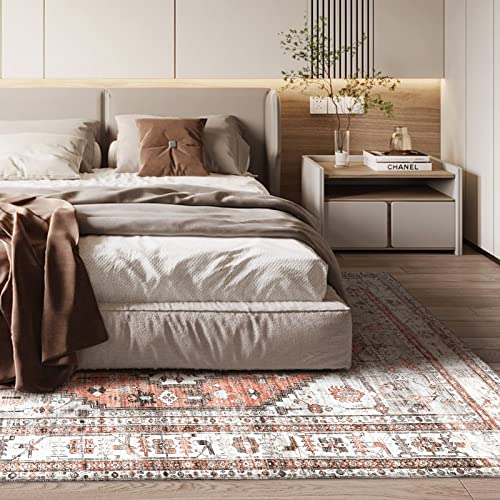 OIGAE Machine Washable Rug 5' x 7', Ultra-Thin Vintage Bohemian Medallion Area Rug, Stain Resistant Non-Slip Backing Rugs for Living Room Bedroom, Red