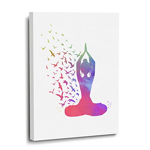 Watercolor Rainbow Wall Art, Colorful Yoga Woman Yoga Studio Sukhasana Pose Yoga Room Living Room Home Decor, 1 Sets 12x15 inch FRAMED – 018