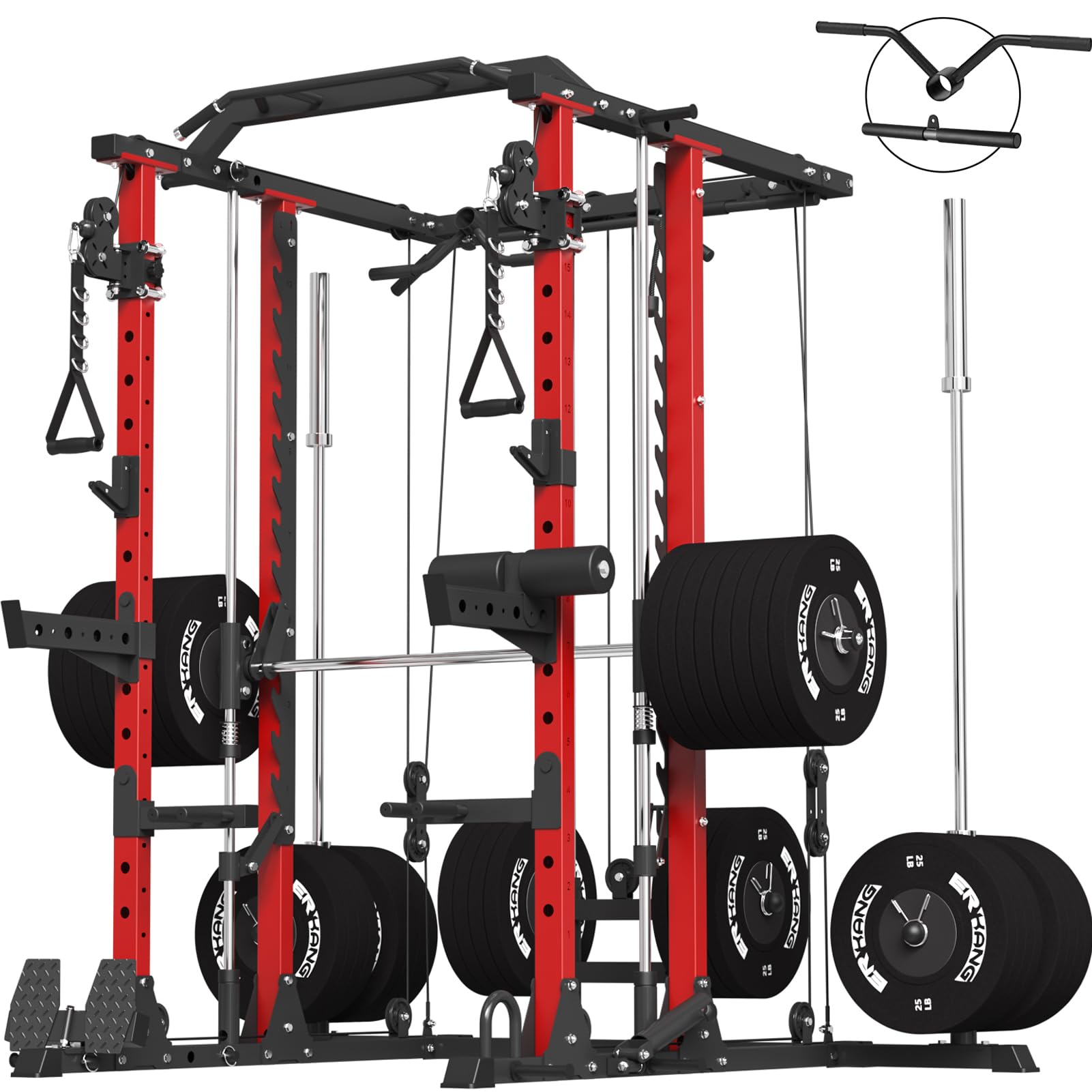 ER KANG Smith Machine, 2000LBS Strength Training Power Cage with Smith Bar and LAT Pull Down System, Multi-Function Linear Bearing Cable Crossover Machine for Home Gym, 2Γ3β, Red