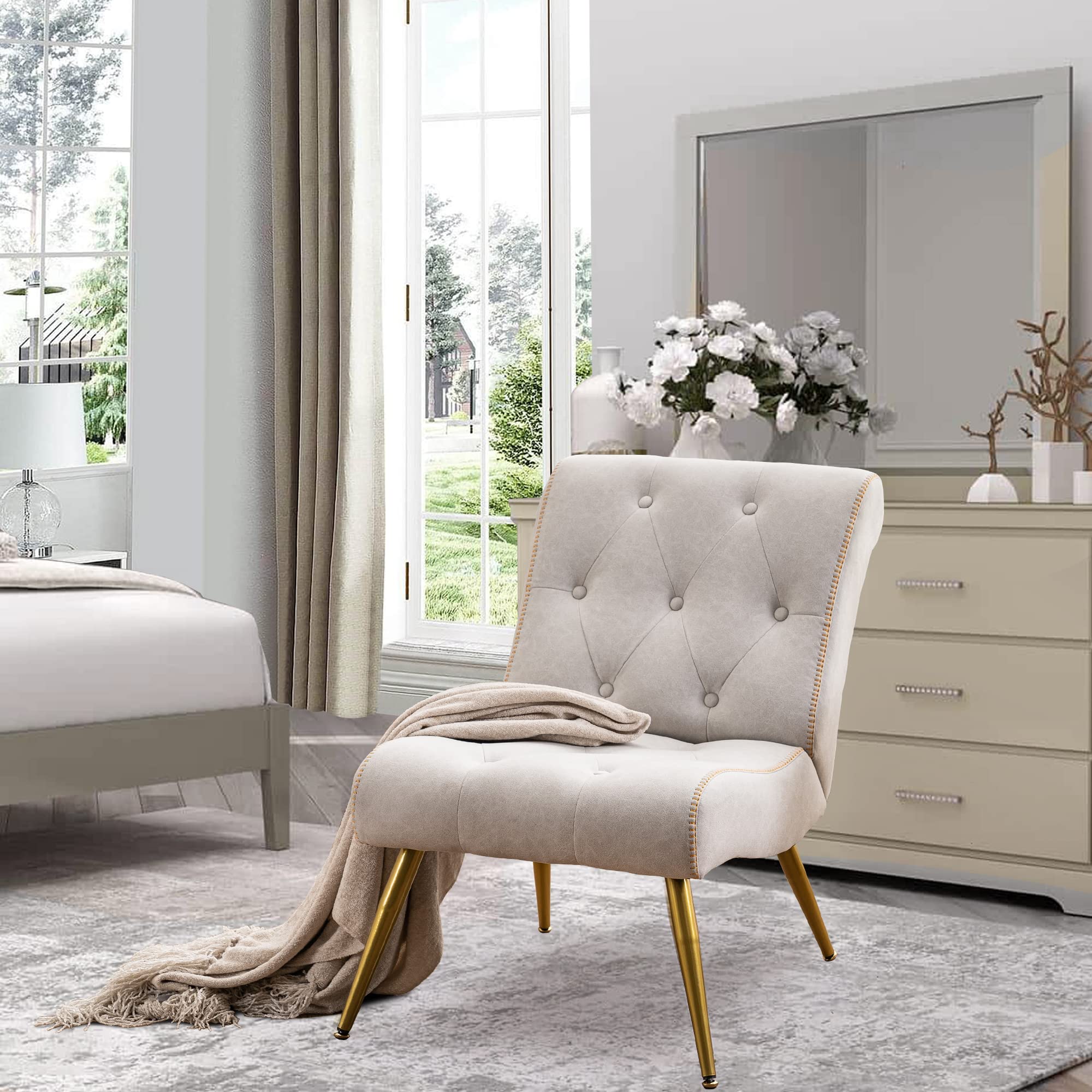 ALISH Modern Accent Chairs, Upholstered Living Room Chairs Armless Accent Chairs Lounge Chairs for Living Room Bedroom with Metal Legs Beige