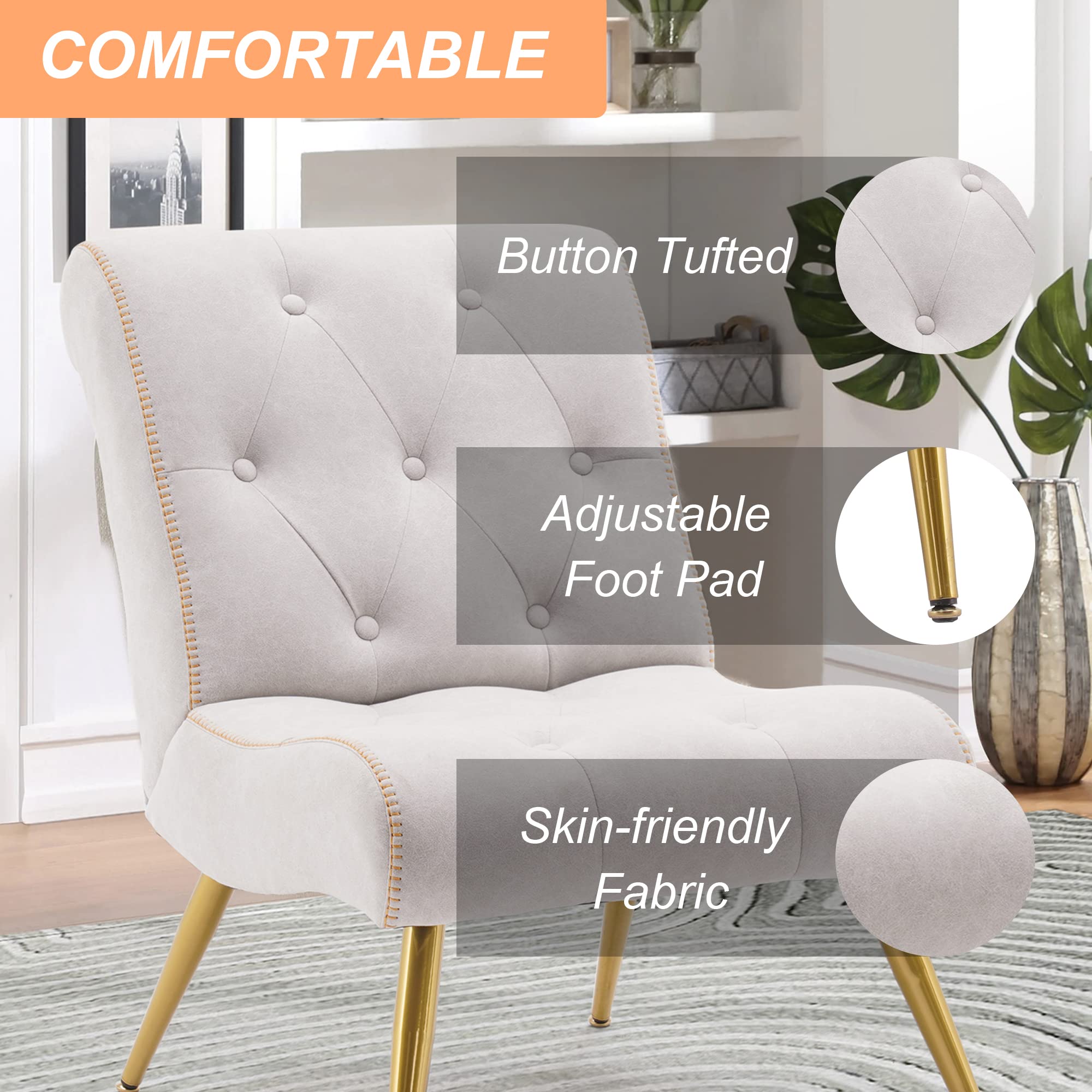 ALISH Modern Accent Chairs, Upholstered Living Room Chairs Armless Accent Chairs Lounge Chairs for Living Room Bedroom with Metal Legs Beige