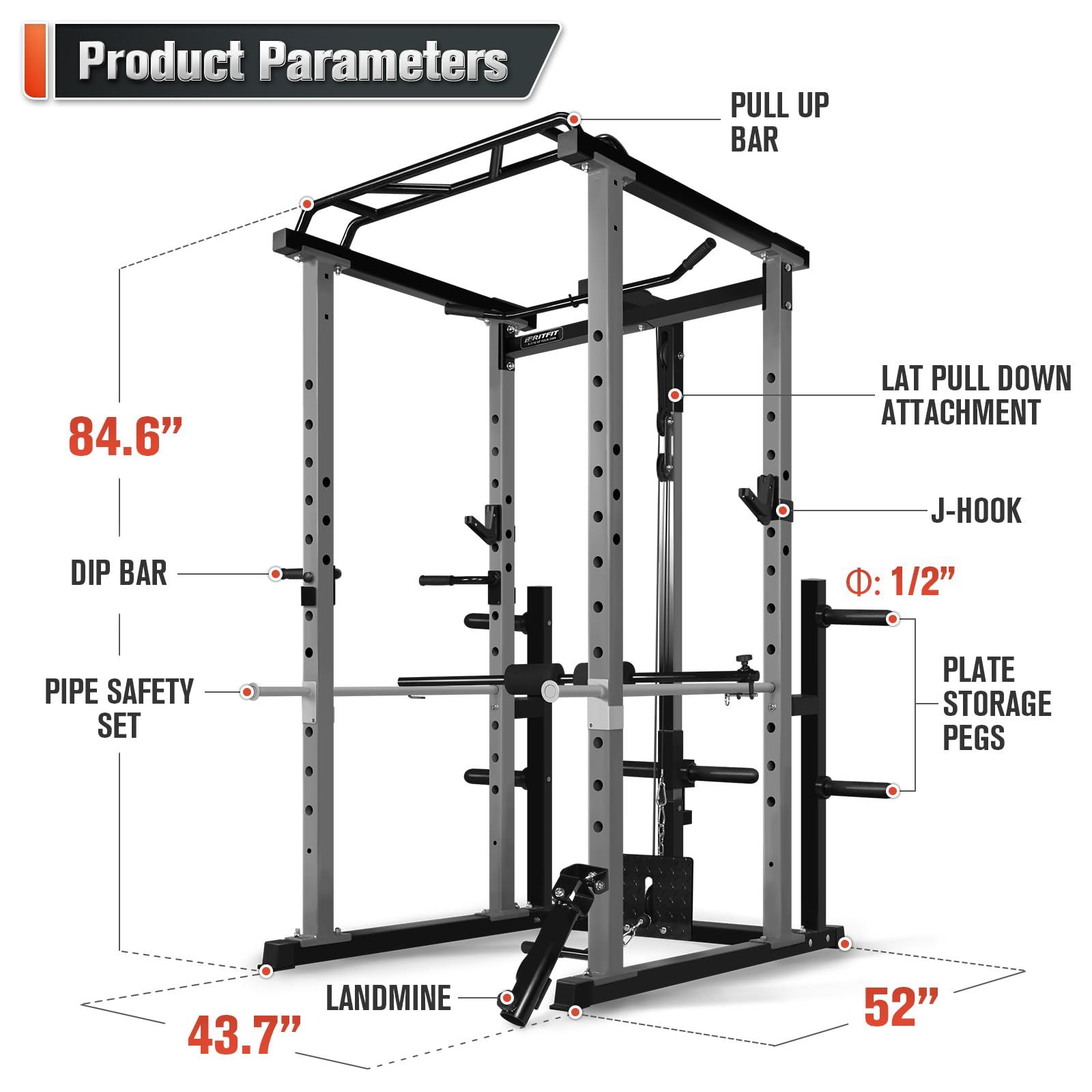 RitFit Power Cage with LAT Pull Down and 360° Landmine, 1000LB Capacity Power Rack Full Home Gym for Weightlifting, Come with J-Cups,Dip Bars and Other Attachments (2023 Version PPC02)-Grey
