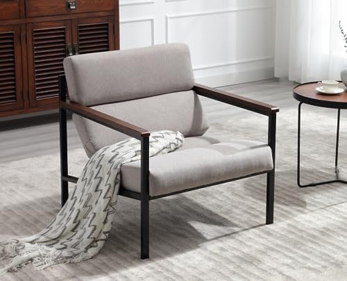 EALSON Mid Century Modern Accent Chair Comfy Armchair with Metal Frame Linen Upholstered Lounge Chair Single Sofa Chair with Wood Armrest for Living Room/Bedroom/Reception Room, Grey