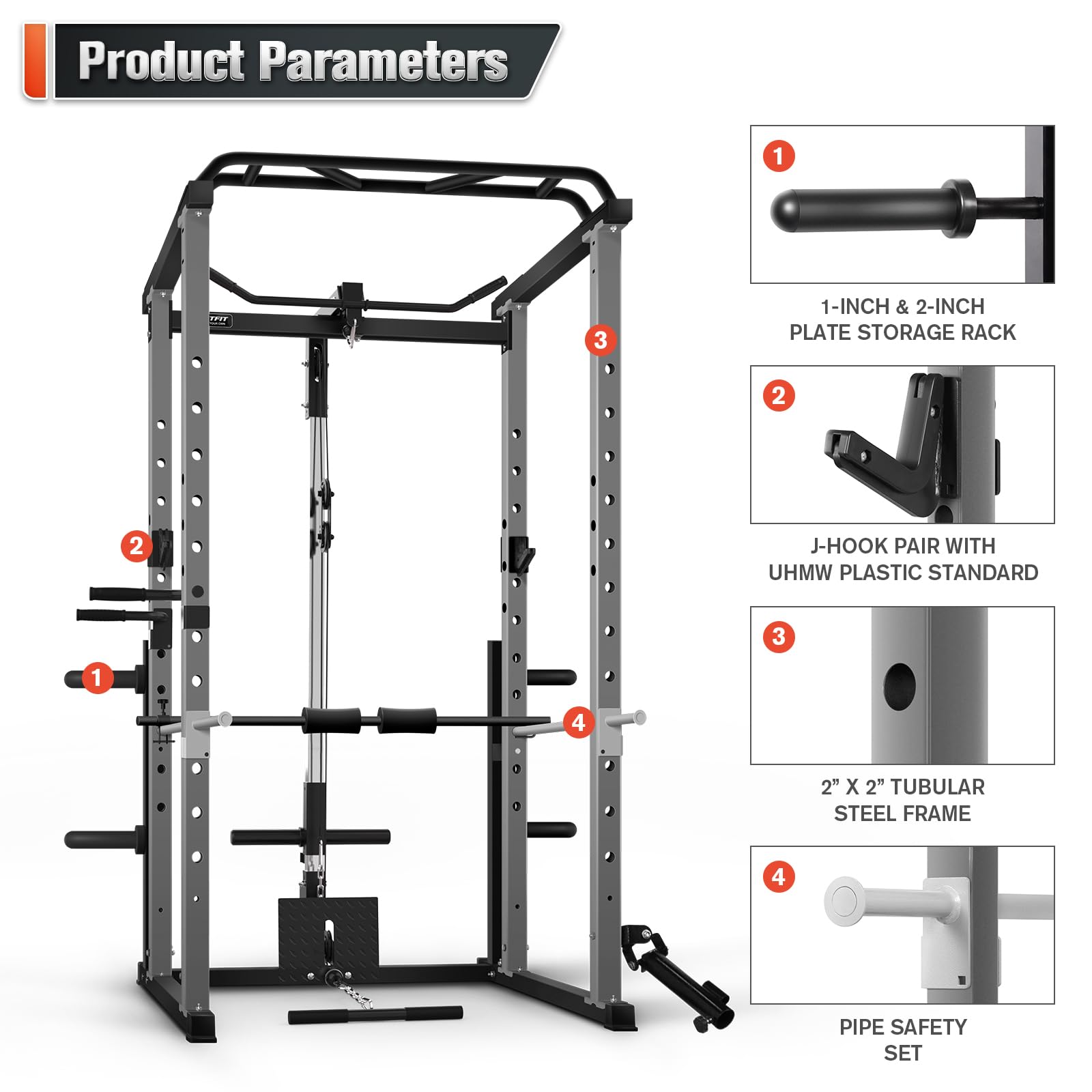 RitFit Power Cage with LAT Pull Down and 360° Landmine, 1000LB Capacity Power Rack Full Home Gym for Weightlifting, Come with J-Cups,Dip Bars and Other Attachments (2023 Version PPC02)-Grey