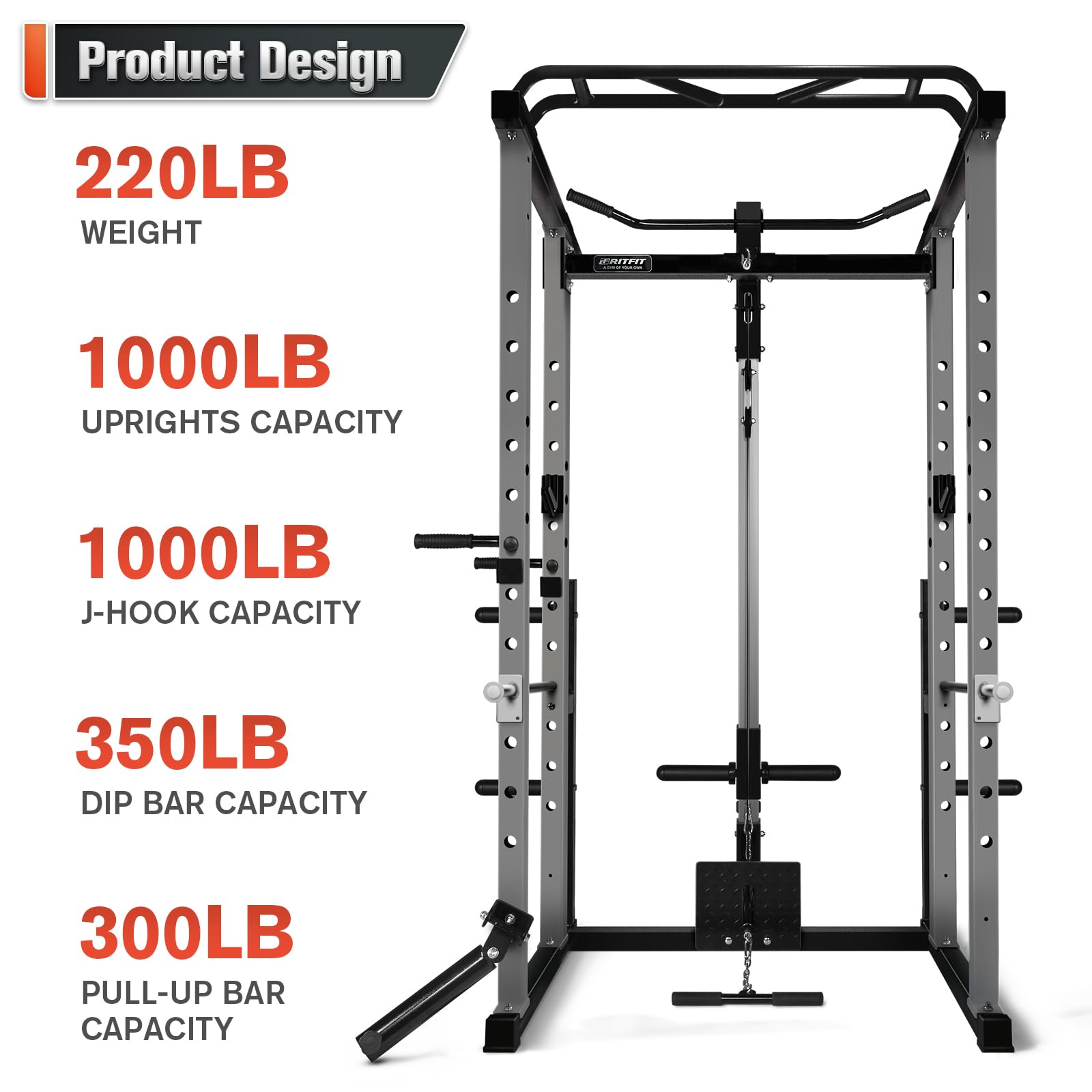 RitFit Power Cage with LAT Pull Down and 360° Landmine, 1000LB Capacity Power Rack Full Home Gym for Weightlifting, Come with J-Cups,Dip Bars and Other Attachments (2023 Version PPC02)-Grey