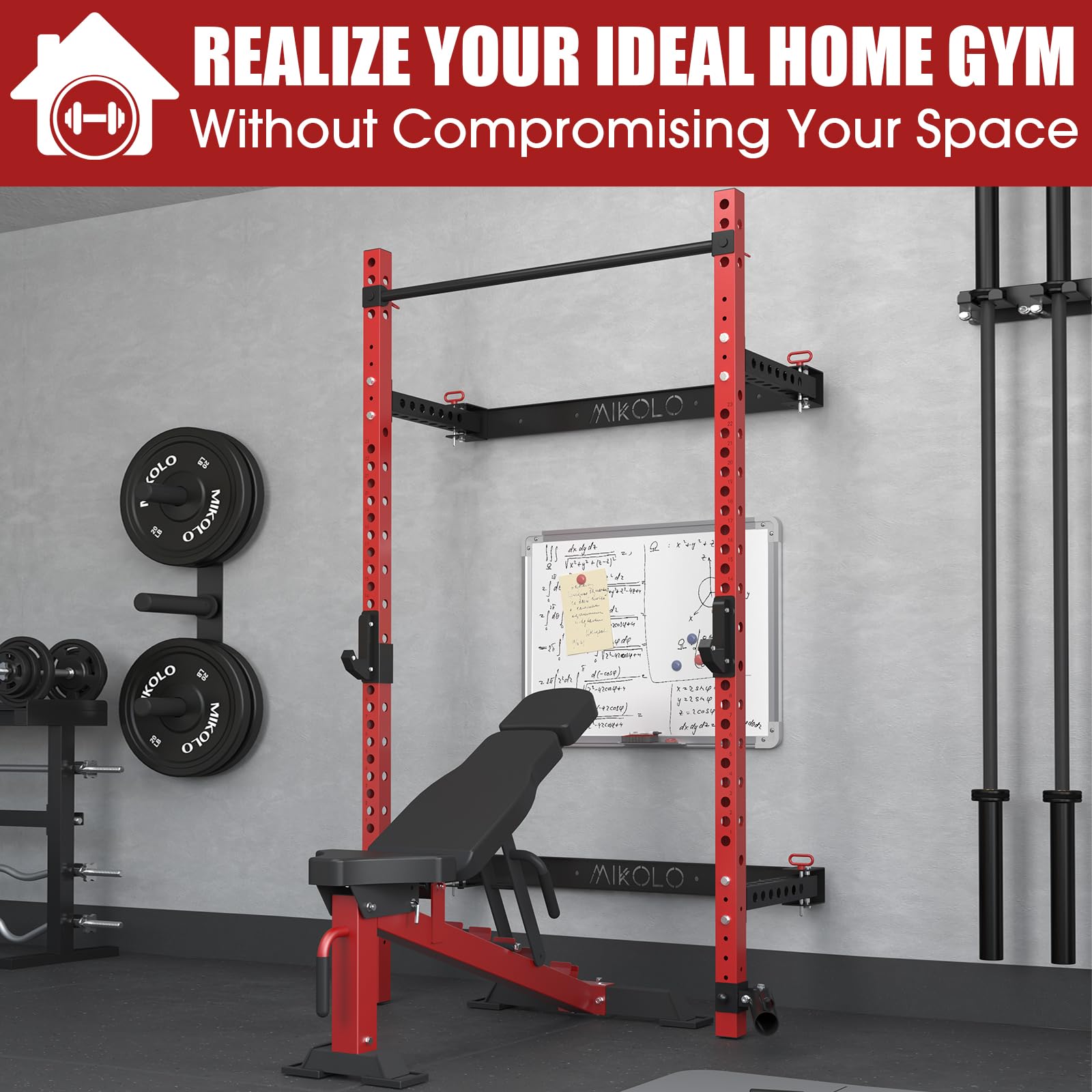 Mikolo Wall Mounted Squat Rack, Folding Power Rack with Lat Pulldown & Cable Crossover System, Power Cage with Pulley System and Training Attachments for Home Gym, Weight Capacity 1450LBS(Red)