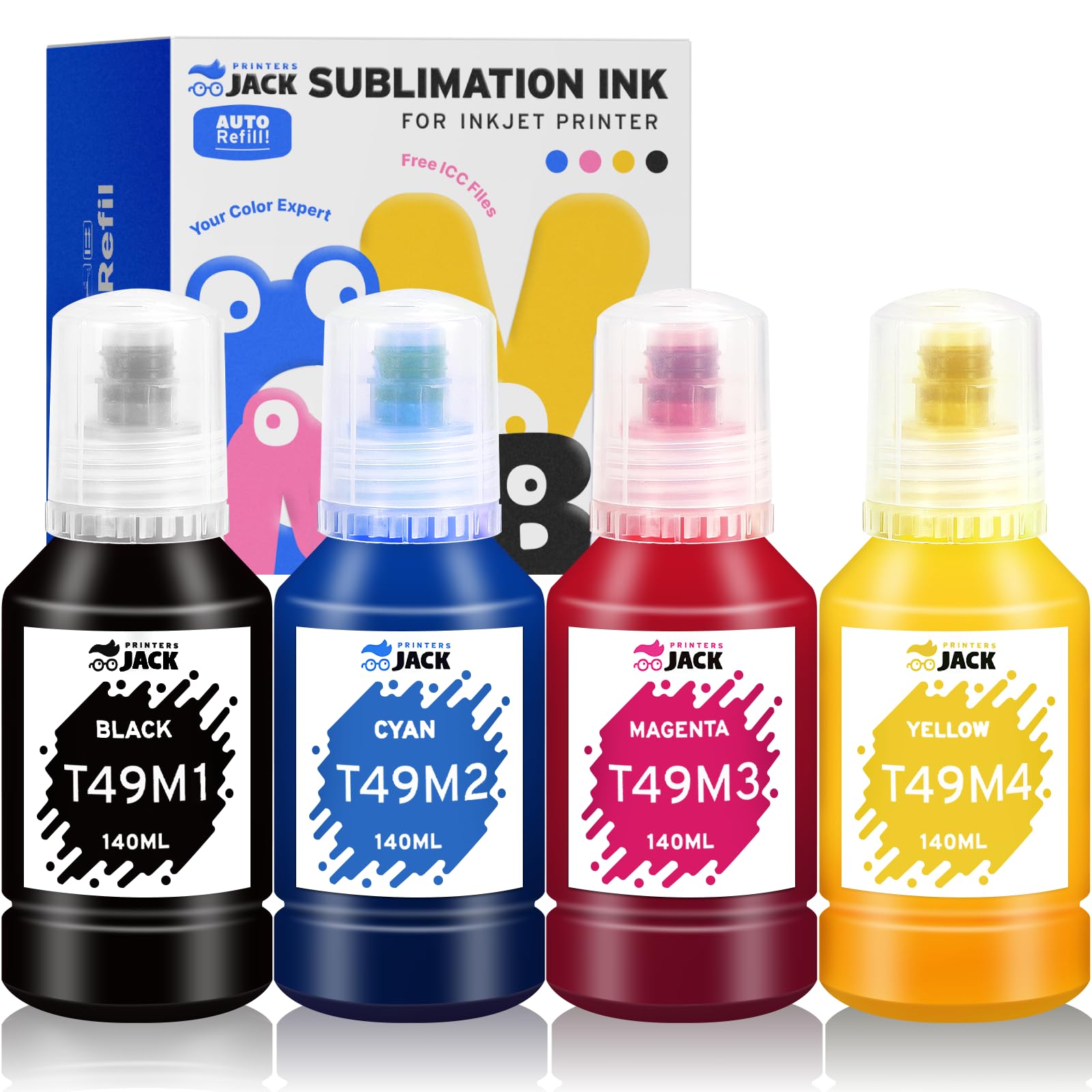 Printers Jack Sublimation Ink Four Pack 400 ML Ultra Vivid for Epson C88 C88+ WF7710 ET2720 Inkjet Printers Heat Press Transfer on Mugs, Polyester Shirts etc