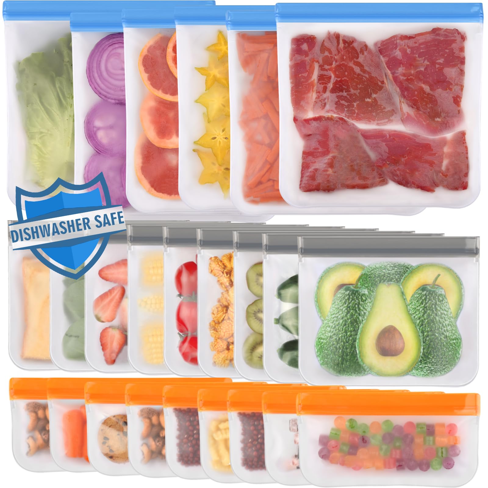 24 Pack Dishwasher Safe Reusable Bags Silicone, Extra Thick Leakproof Reusable Freezer Bags, BPA Free Reusable Sandwich Bags for Lunch Meat Veggies (6 Gallon 9 Snack 9 Sandwich Bags)