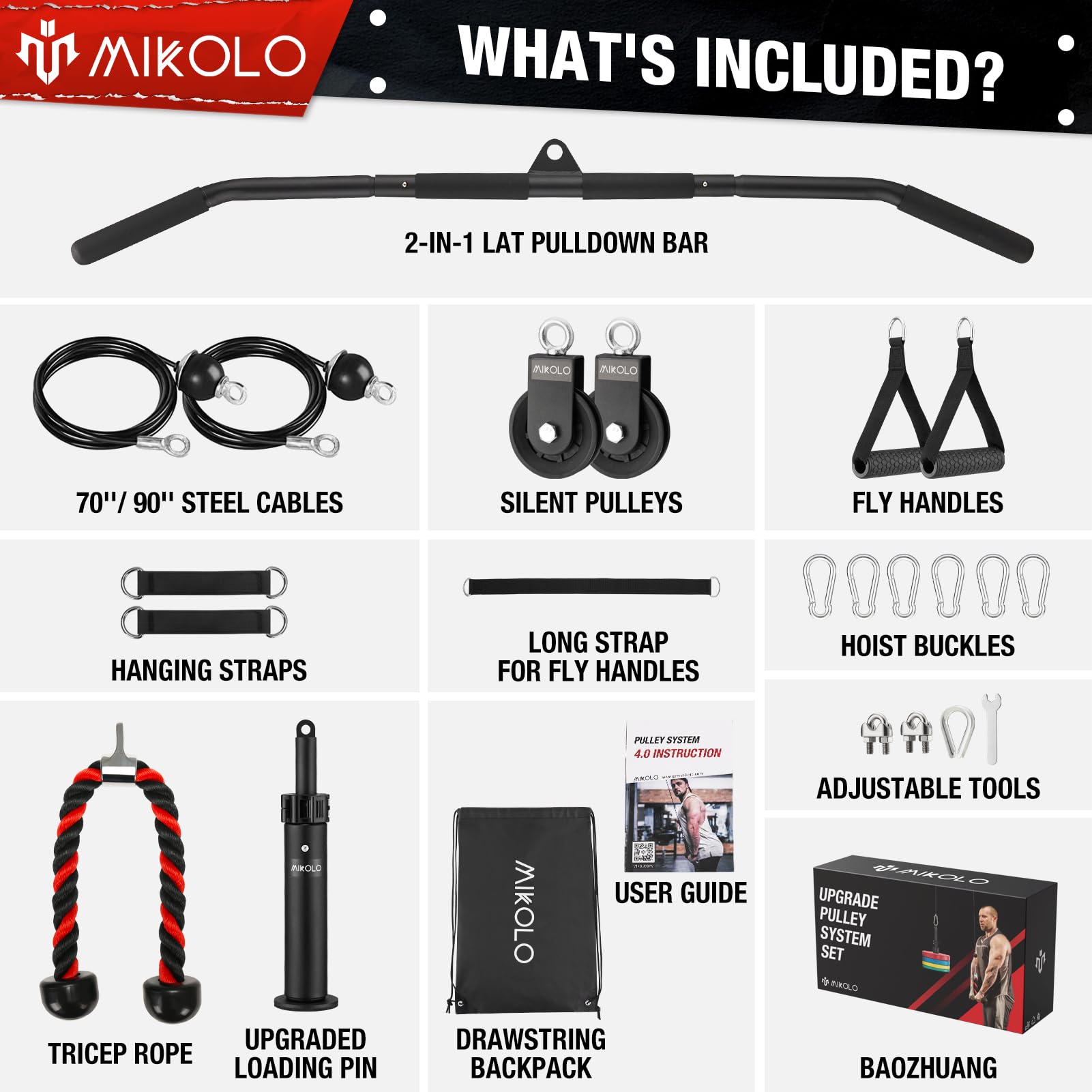 Mikolo Wall Mounted Squat Rack, Folding Power Rack with Lat Pulldown & Cable Crossover System, Power Cage with Pulley System and Training Attachments for Home Gym, Weight Capacity 1450LBS(Red)