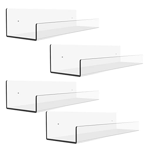 SUMAIDA Floating Shelf, Clear Acrylic Shelf 15" Invisible Floating Shelves Wall Mounted, 4" Wide Wall Ledge Kid Bookshelf, Clear Vinyl Record Shelf, Acrylic Album Record Holder Display Rack (4)