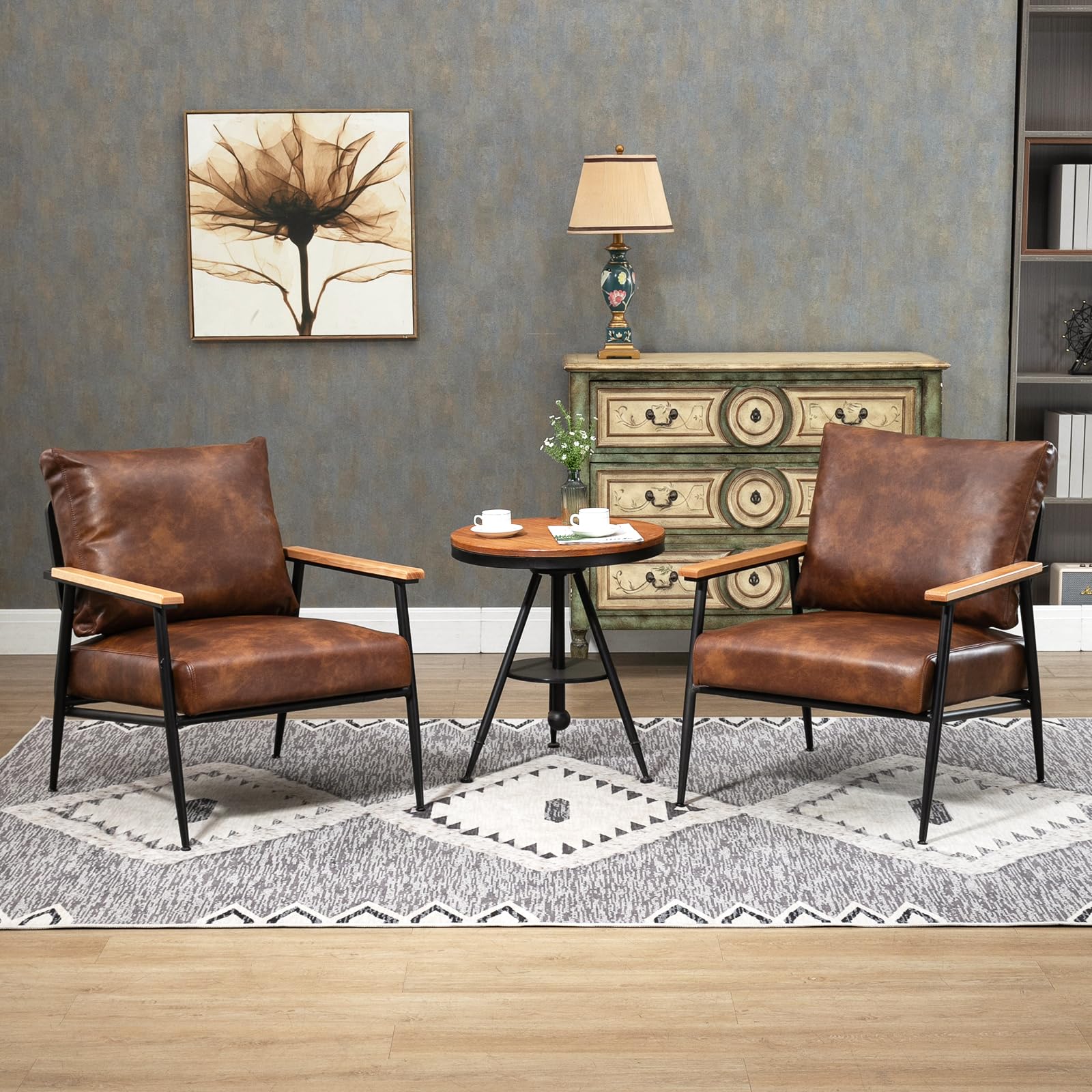 GYI Brown Leather Accent Chair Set of 2, 23.6'' Wide Armchair Set of 2, Industrial Black Metal Frame Accent Chairs with Wood Arms for Living Room, Bedroom