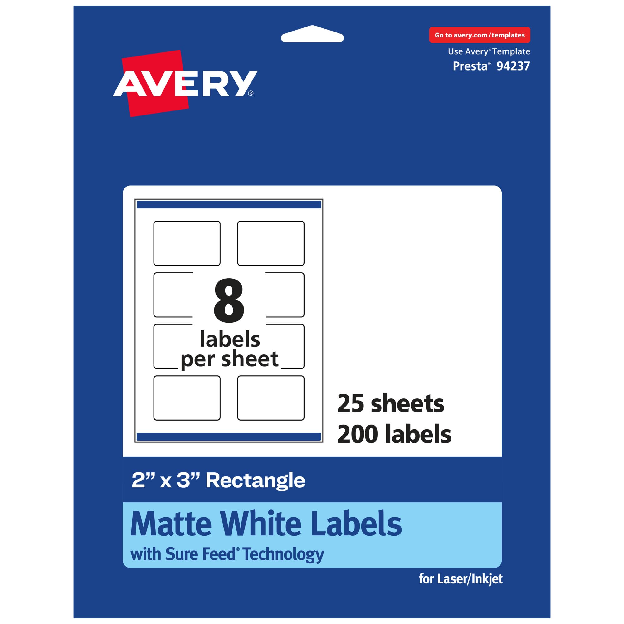 Avery Matte White Rectangle Labels with Sure Feed, 2" x 3", 200 Matte White Printable Labels