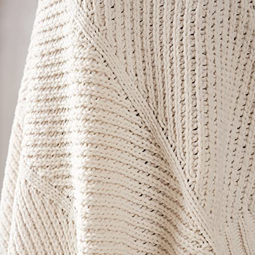 Amélie Home Herringbone Chenille Knit Throw Blanket, Textured Soft Warm Cable Knitted Throw Blankets, Farmhouse Rustic Cozy Knot Braided Crochet Blanket for Couch Bed, Ivory, 50"x 60"