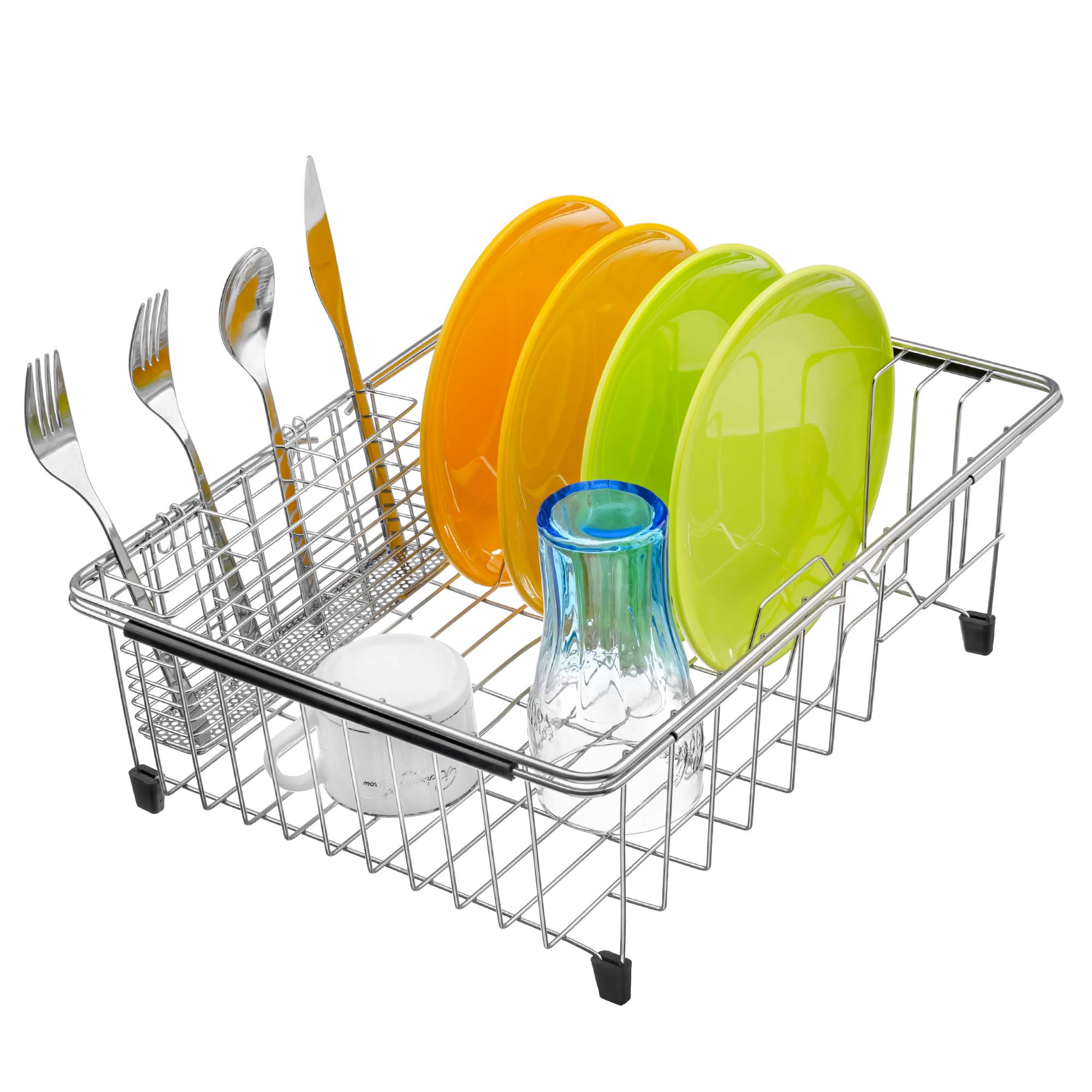 iPEGTOP Expandable Deep Large Dish Drying Rack and Utensil Cutlery Holder, Rustproof Stainless Steel Over Sink Dish Rack Basket Shelf, Dish Drainer in Sink or On Counter
