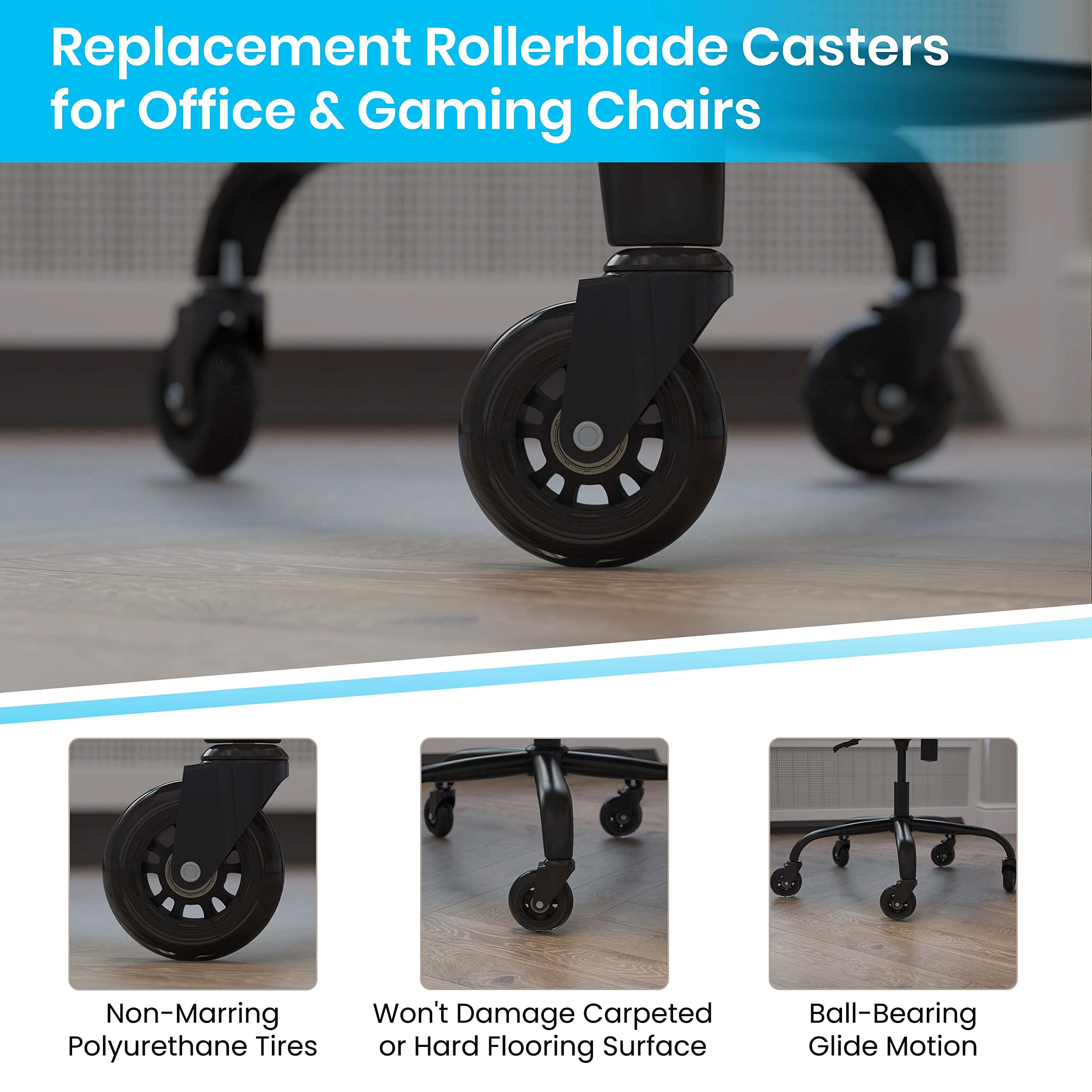 Flash Furniture Set of 5 Replacement Rollerblade Casters for Commercial & Home Office Chairs - Transparent Polyurethane Rollerblade Wheels - Hardwood & Carpet