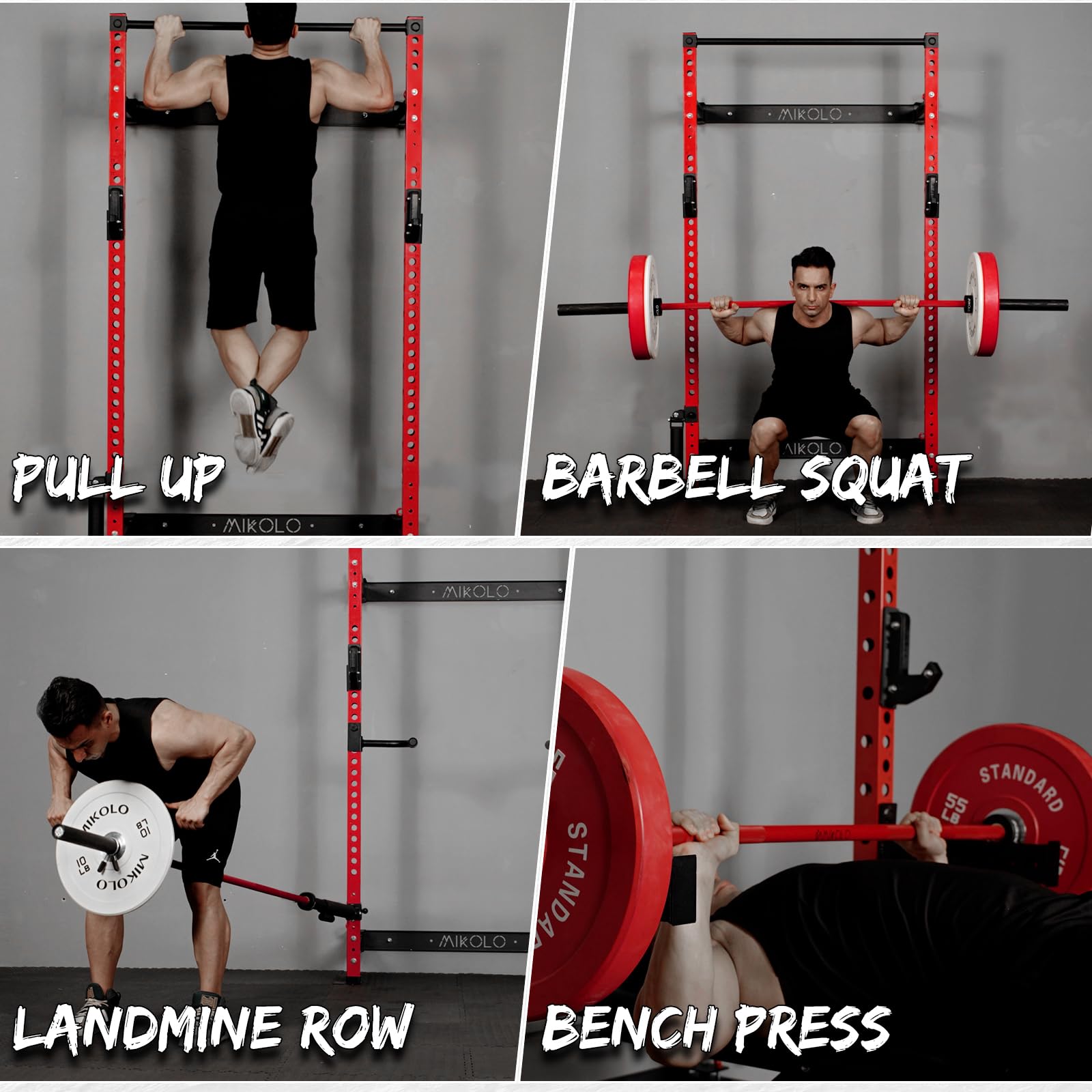 Mikolo 2" x 2" Folding Wall Mounted Squat Rack, 1000 Pounds Capacity Power Rack with Pull Up Bar, J Hooks, Landmine and Other Attachments, Space-Saving Home Gym(Red