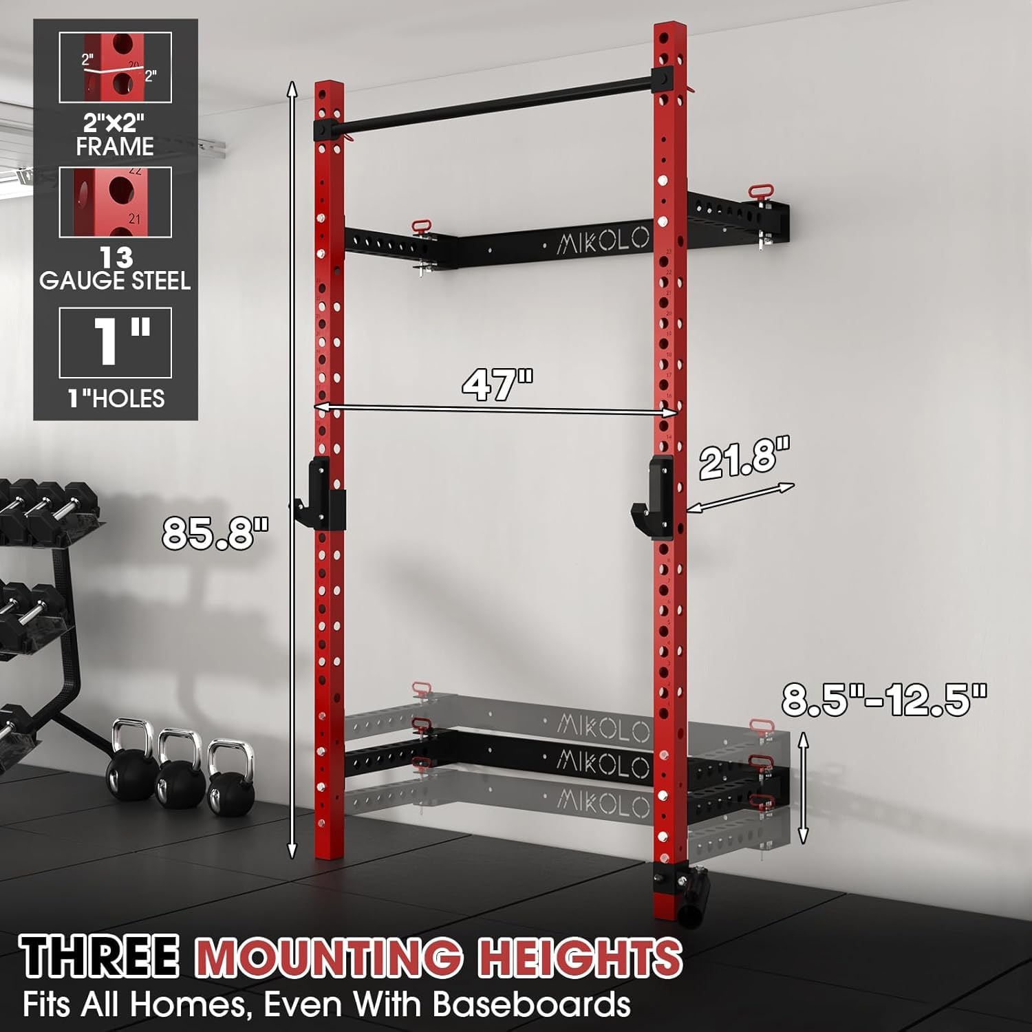 Mikolo 2" x 2" Folding Wall Mounted Squat Rack, 1000 Pounds Capacity Power Rack with Pull Up Bar, J Hooks, Landmine and Other Attachments, Space-Saving Home Gym(Red