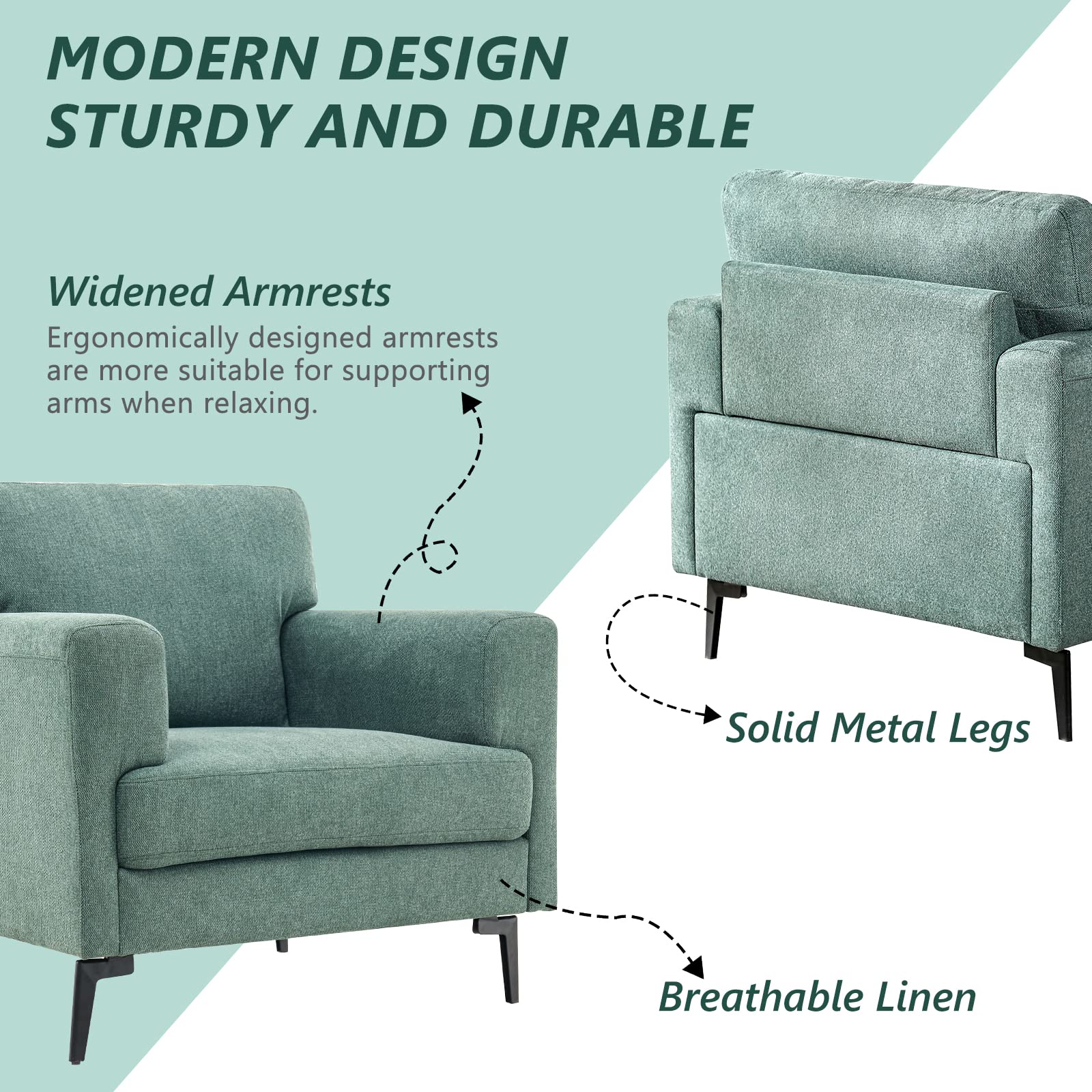 CDCASA Accent Chair, Linen Fabric Oversized Mid Century Modern Chair Set of 1, Comfy Upholstered Armchair Reading Accent Chairs Sofa Chairs for Bedroom Living Room, Green