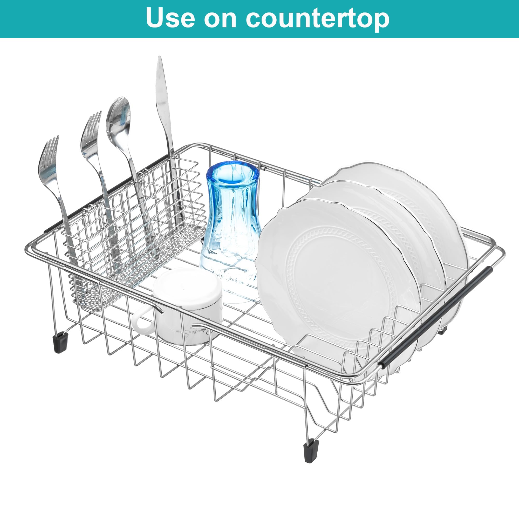 iPEGTOP Expandable Deep Large Dish Drying Rack and Utensil Cutlery Holder, Rustproof Stainless Steel Over Sink Dish Rack Basket Shelf, Dish Drainer in Sink or On Counter