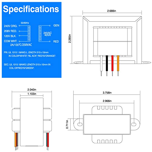 24V 40VA Control Transformer， Primary 120, 208, 240V Secondary 24V Isolation Transformers，24V Transformer with Foot Mount for HVAC Furnace Multi Tap