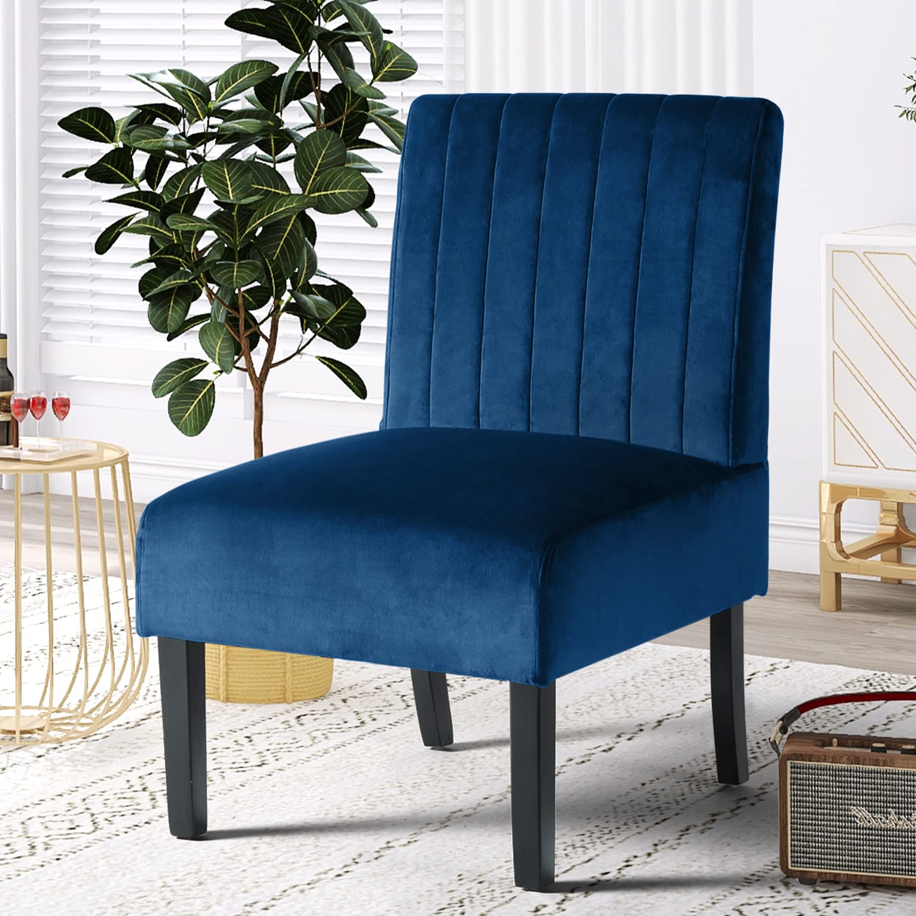 STHOUYN Modern Velvet Armless Accent Chair Decorative Slipper Chair Vanity Chair for Bedroom, Corner Side Chair Living Room Furniture Navy Blue