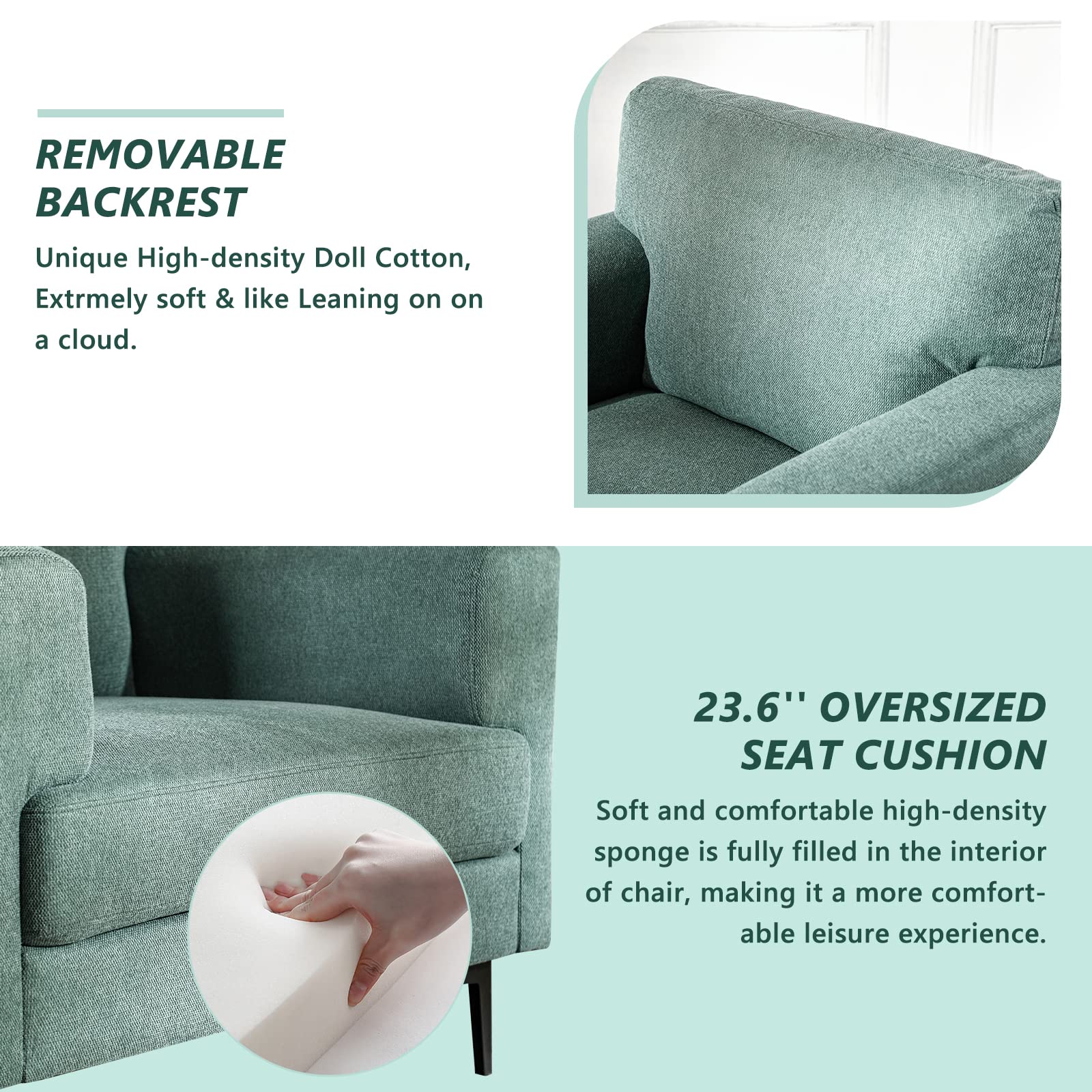 CDCASA Accent Chair, Linen Fabric Oversized Mid Century Modern Chair Set of 1, Comfy Upholstered Armchair Reading Accent Chairs Sofa Chairs for Bedroom Living Room, Green