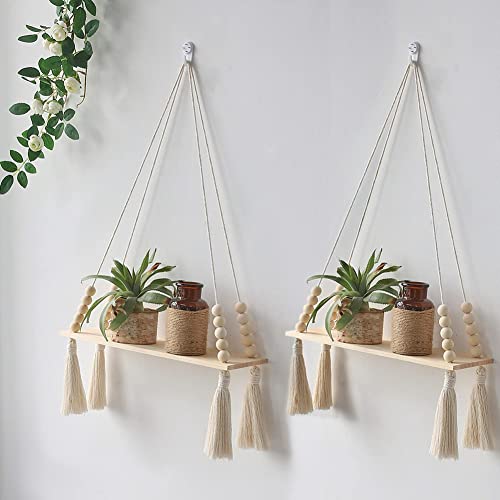 saved 2 Pack Wooden Wall Hanging Shelves - Macrame Hanging Plant Shelf with Tassel,Boho Storage Floating Shelves Handmade Rustic Hanger Planter Rack Pot Stand Holder for Bedroom Bathroom Living Room