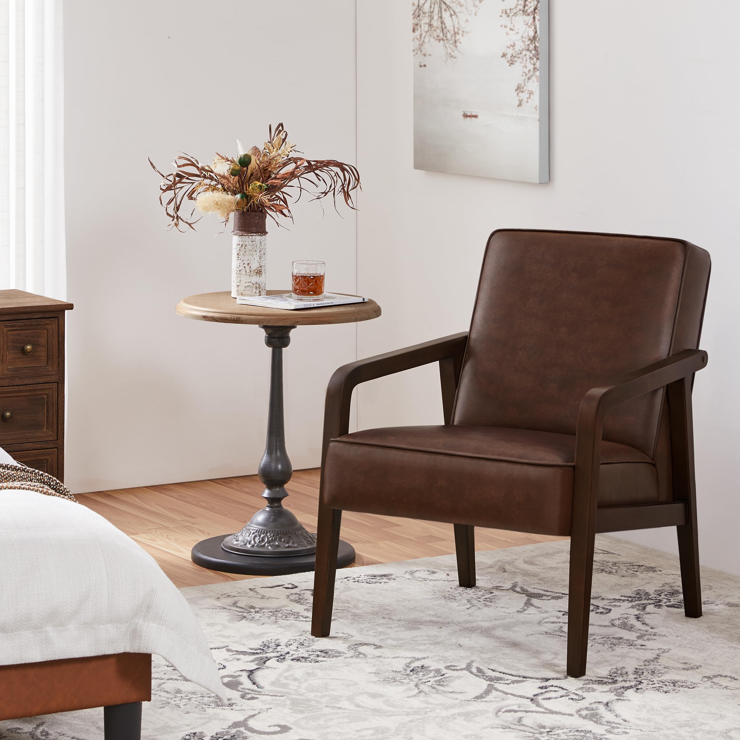 Yaheetech Accent Chair, PU Leather Reading Chair, Mid Century Modern Arm Chair with Solid Wood Frame for Living Room Bedroom Waiting Room, 2 Pieces, Dark Brown