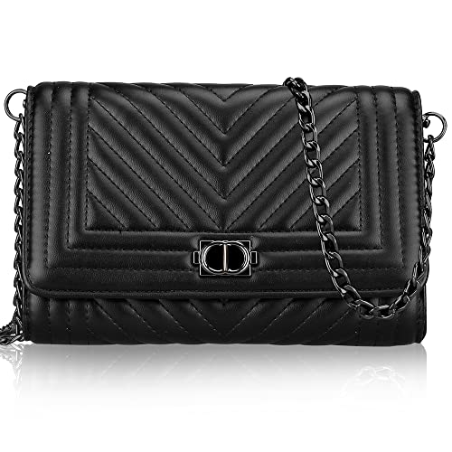 Leather Crossbody Bag for Women Purse Small Handbags Black Crossbody Purse Chain Shoulder Strap Bag Flap Bag Quilted Mini Cross Body Cell Phone Wallet Girls Ladies Clutch Bag
